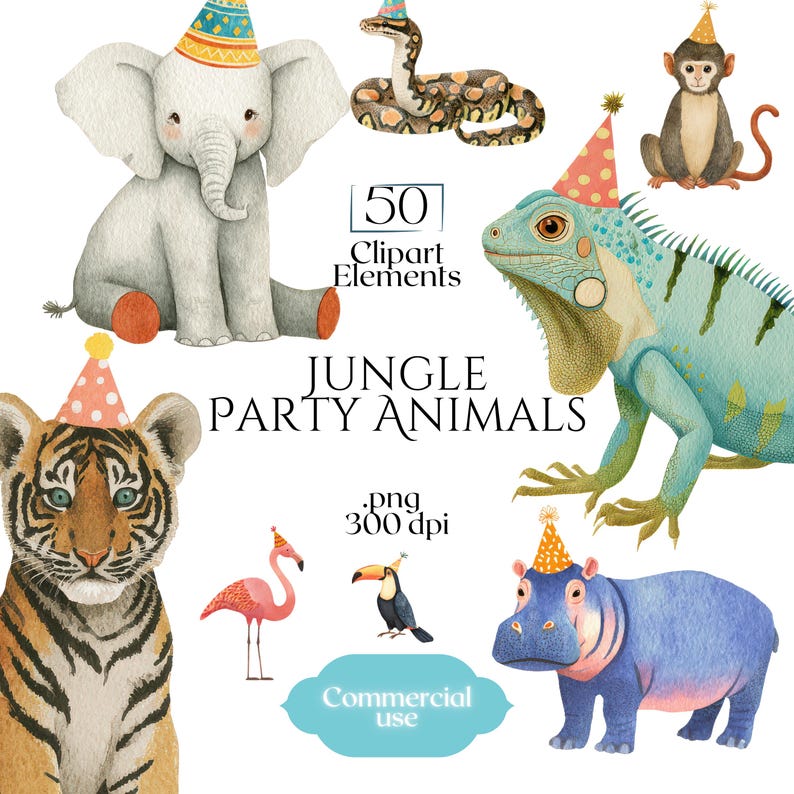 Jungle Party Animals Clipart, Cute Safari Animals Graphics, Wild ...