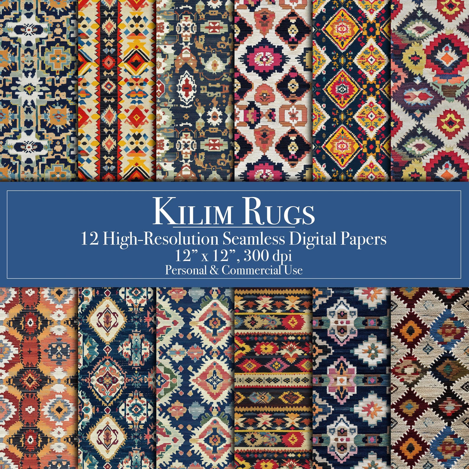 Kilim Rug Digital Papers, Seamless Oriental Carpet Scrapbook Paper ...