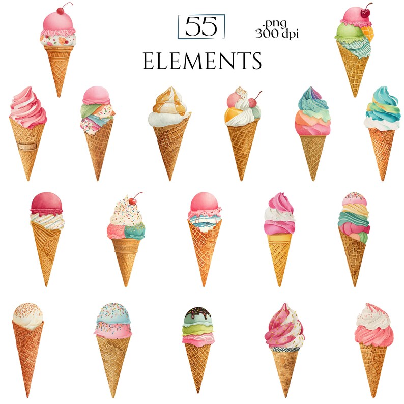 Ice Cream Cones Clipart, Watercolor Gelato Ephemera, Summer Dessert ...