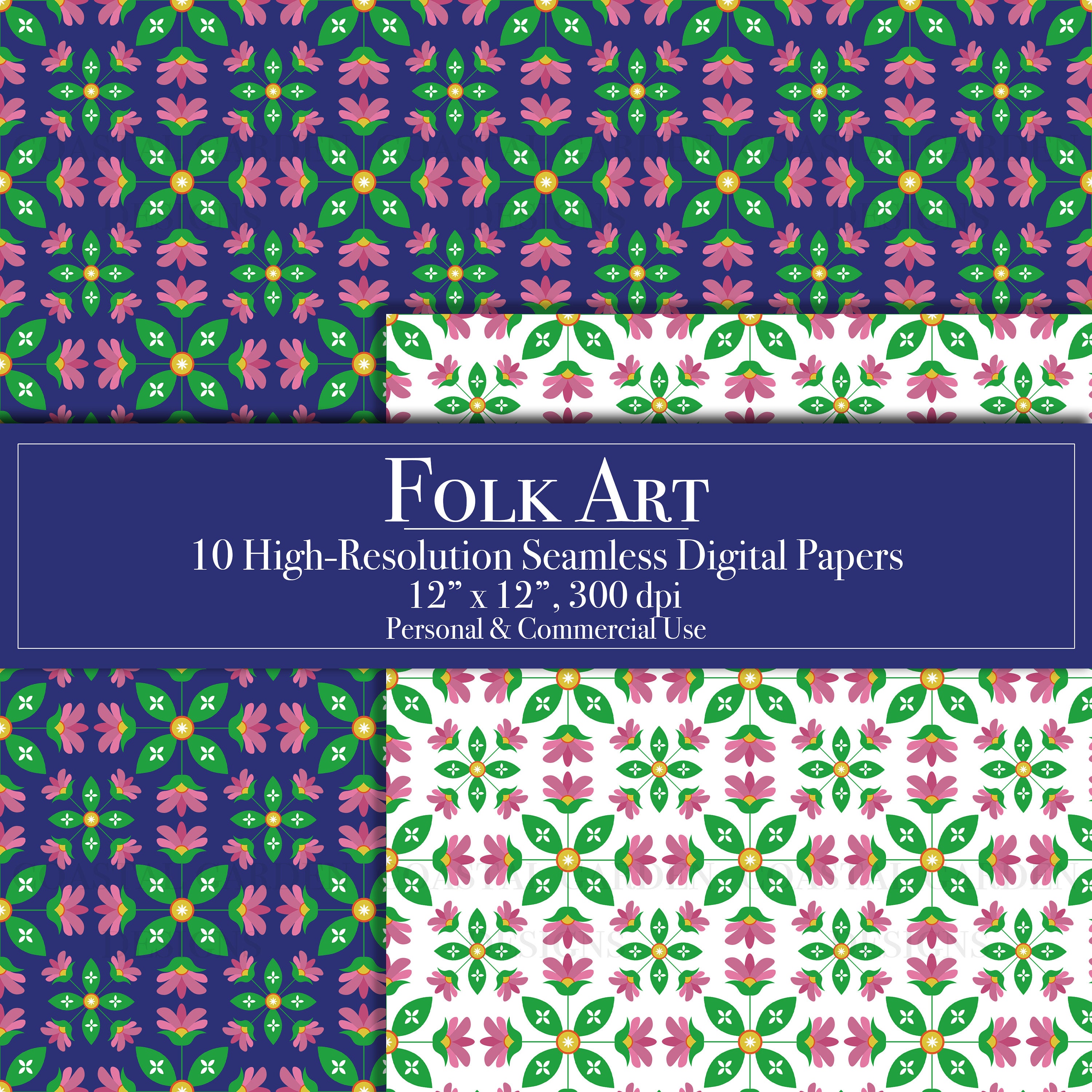 Folk Art Digital Paper, Seamless Digital Scrapbook Paper, Planner ...