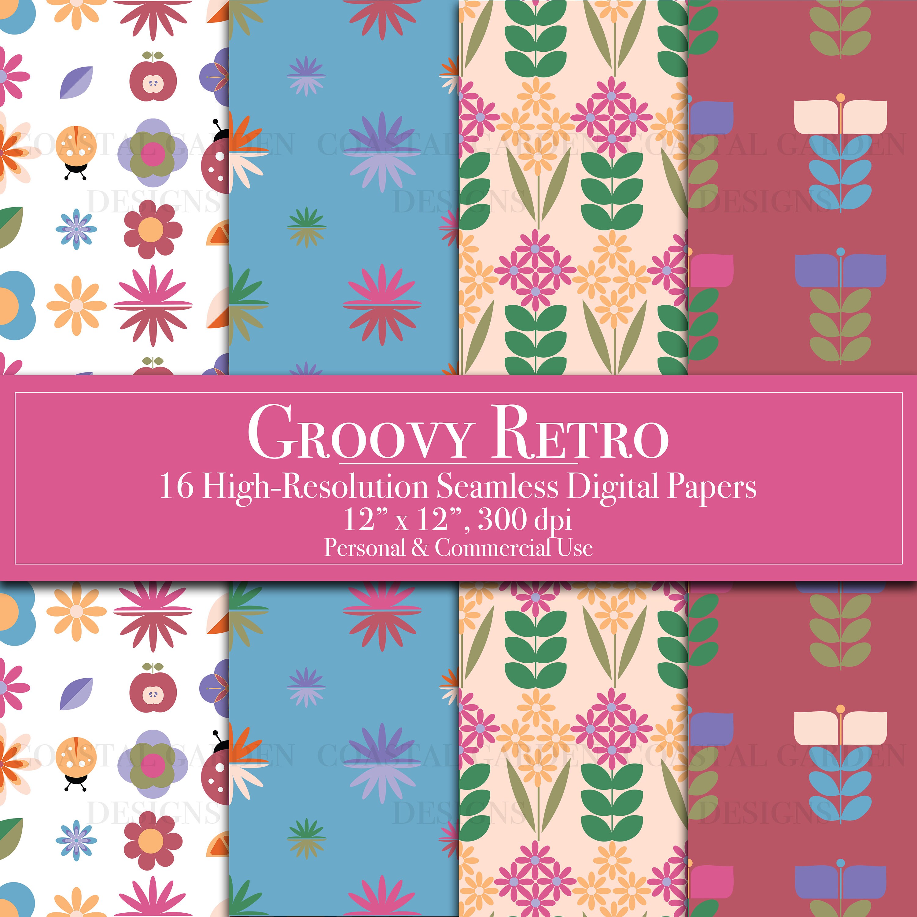 Groovy Retro Digital Papers, Seamless Pattern Scrapbook Paper ...