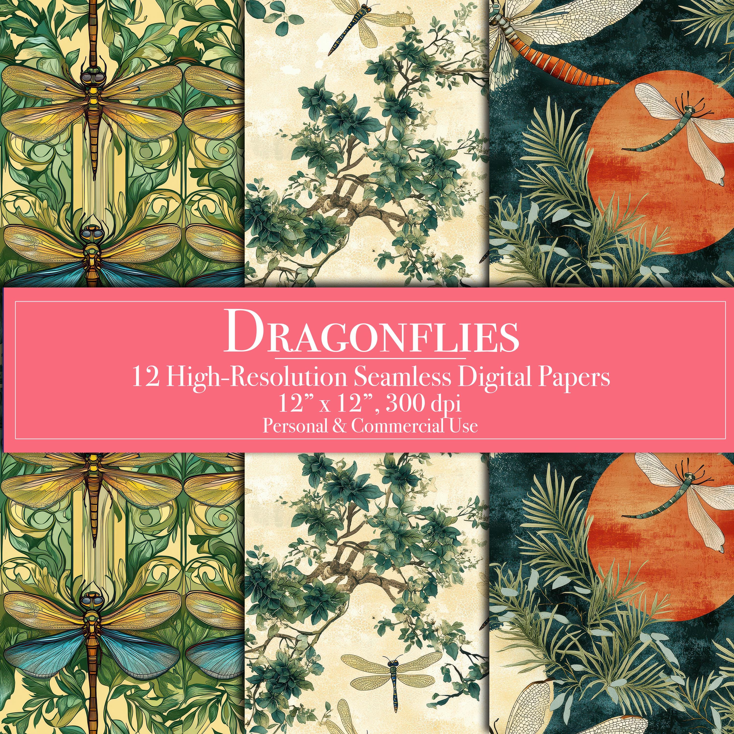 Dragonfly Digital Paper Pack, Seamless Dragonfly Scrapbook Pattern for ...