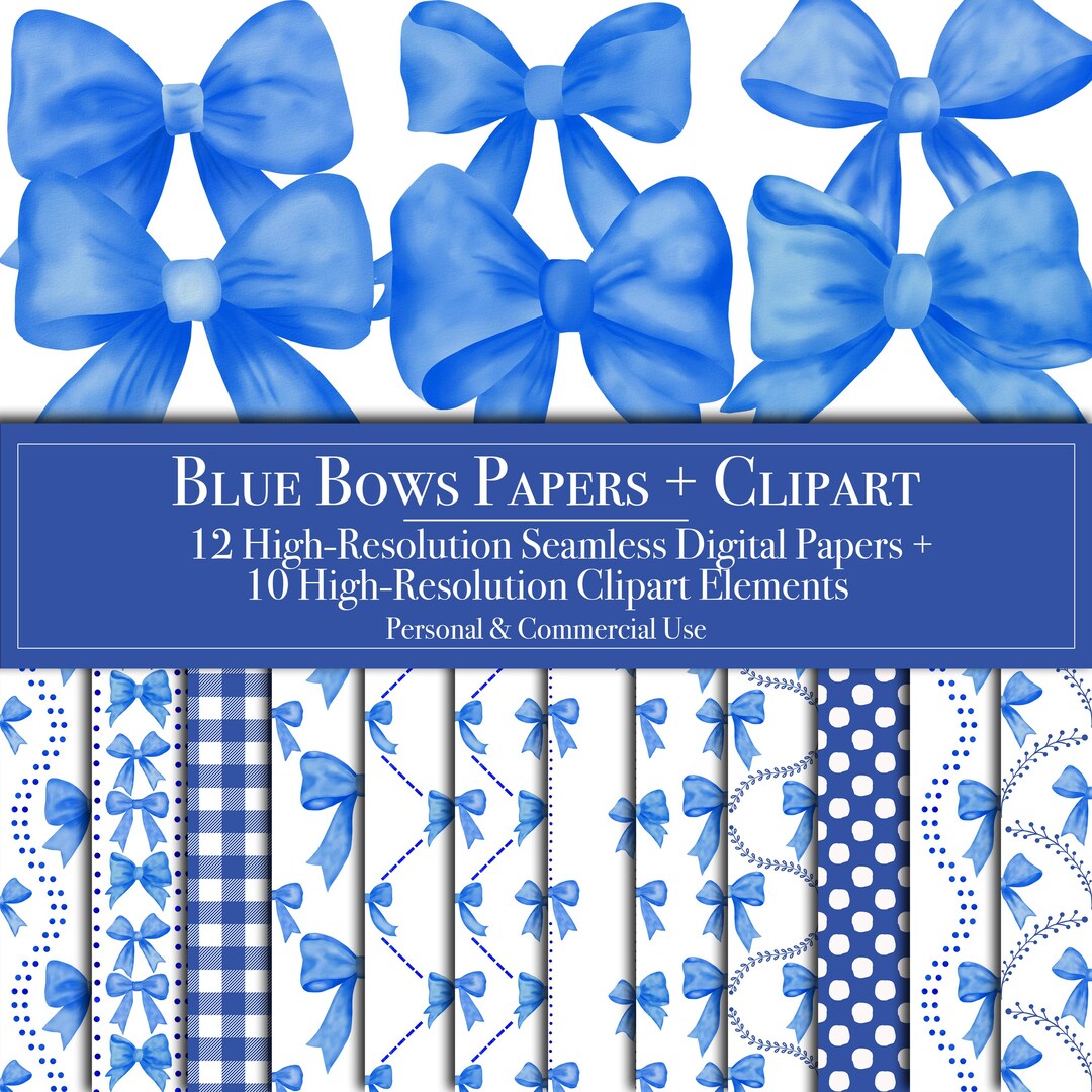 Blue Bows Digital Papers & Clipart Bundle, Blue Ribbon Seamless ...