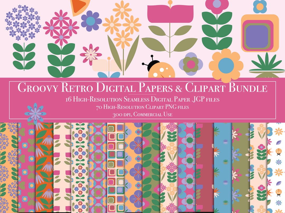 Groovy Retro Clipart & Digital Papers Mega Bundle, Seamless Patterns ...