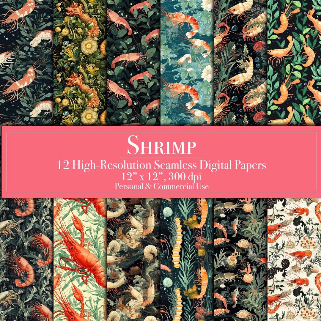 Shrimp Digital Paper, Seafood Seamless Pattern, Marine Scrapbook Paper ...