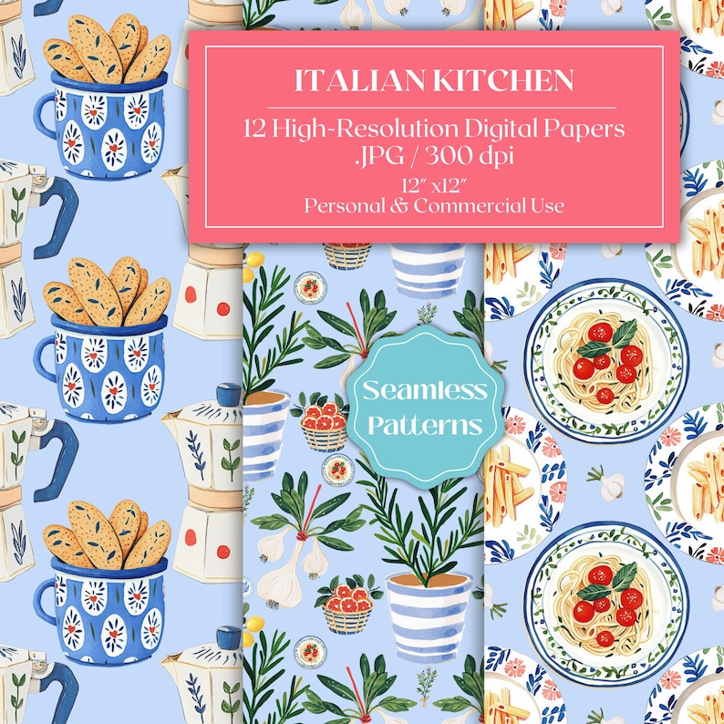 Italian Kitchen Digital Papers, Mediterranean Food Patterns, Pasta ...