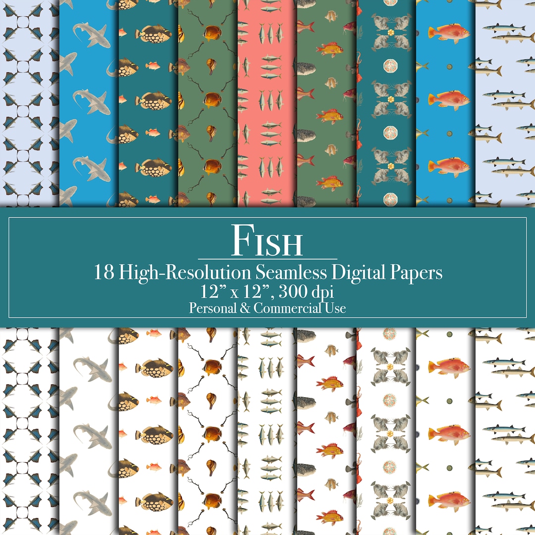 Fish Digital Papers, Seamless Pattern, Scrapbook Paper, Commercial Use ...