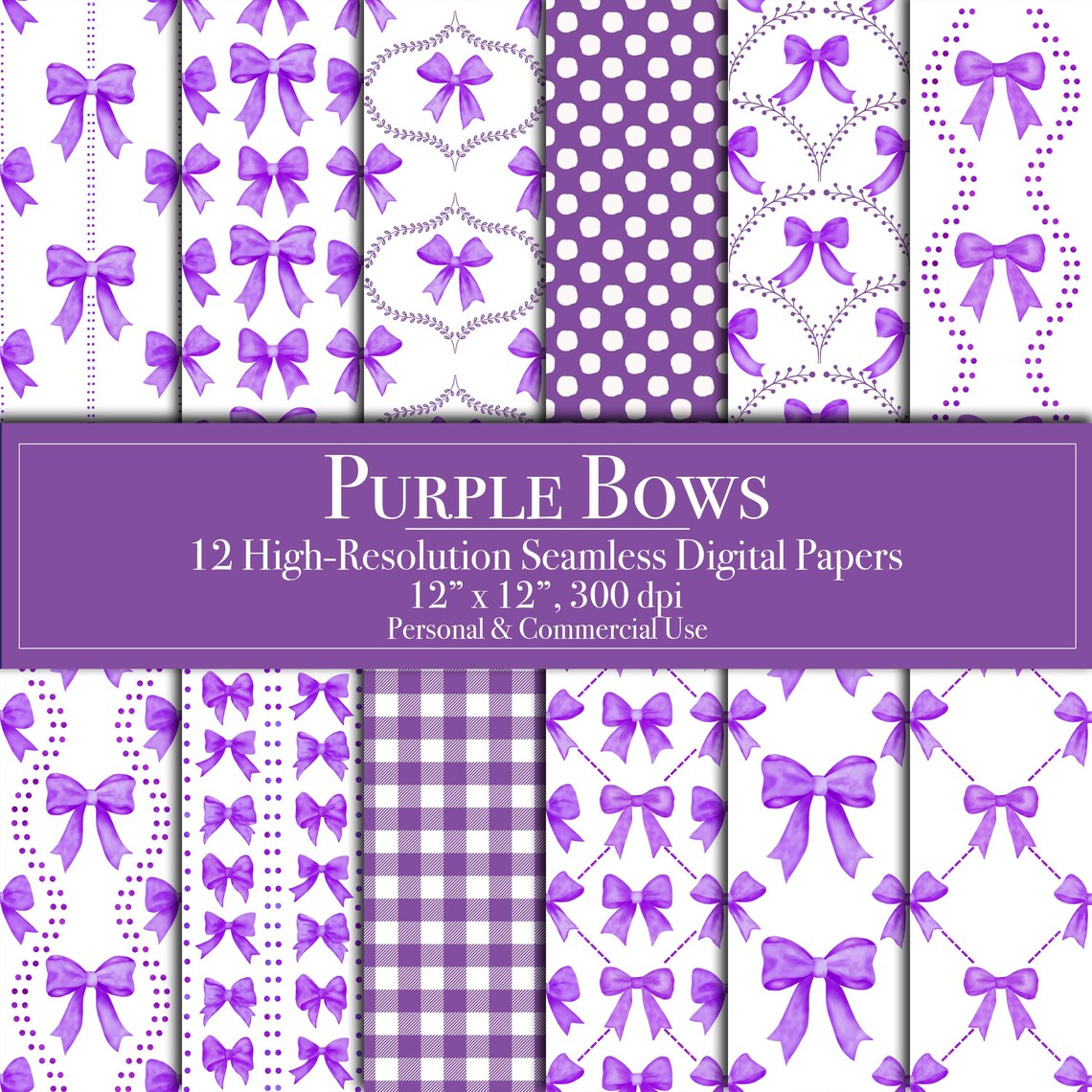 Watercolor Purple Ribbons Digital Papers & Clipart Bundle, Puce Bows ...