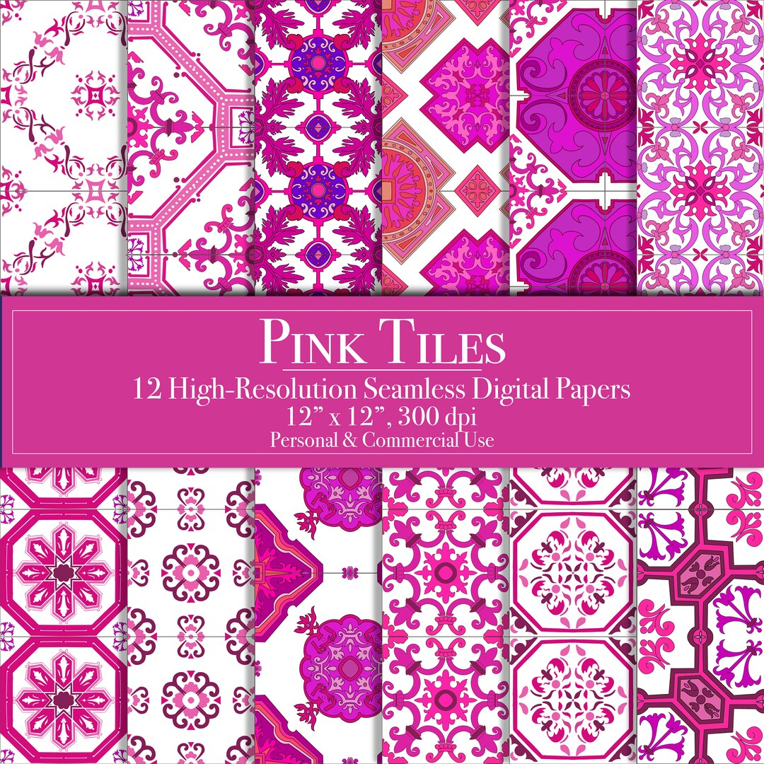 Pink Antique Tiles Digital Paper Bundle, Seamless Coordinating Patterns ...