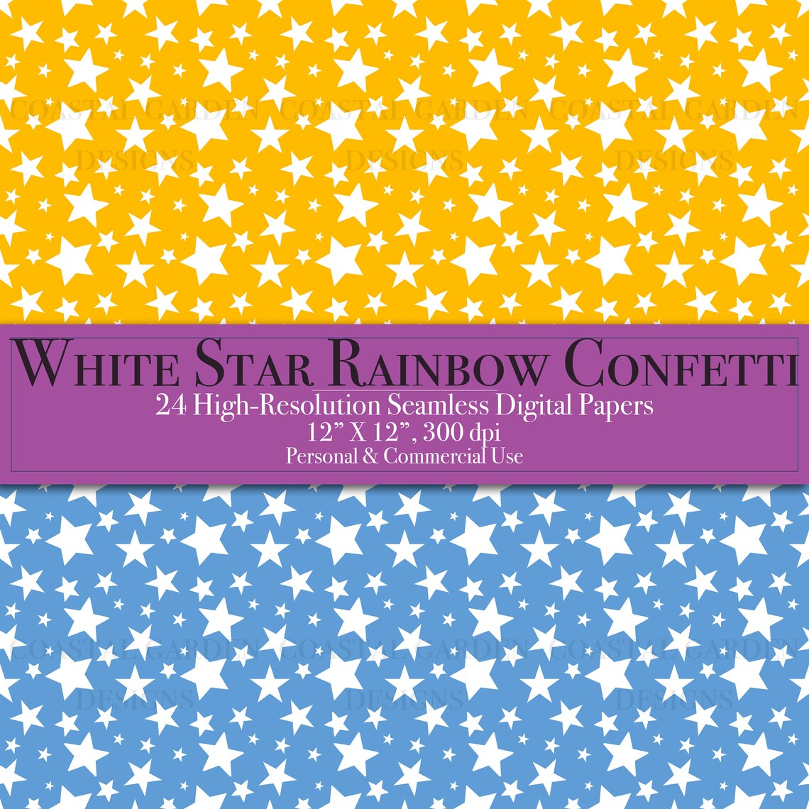 White Star Rainbow Confetti Digital Paper Bundle, Seamless Pattern ...