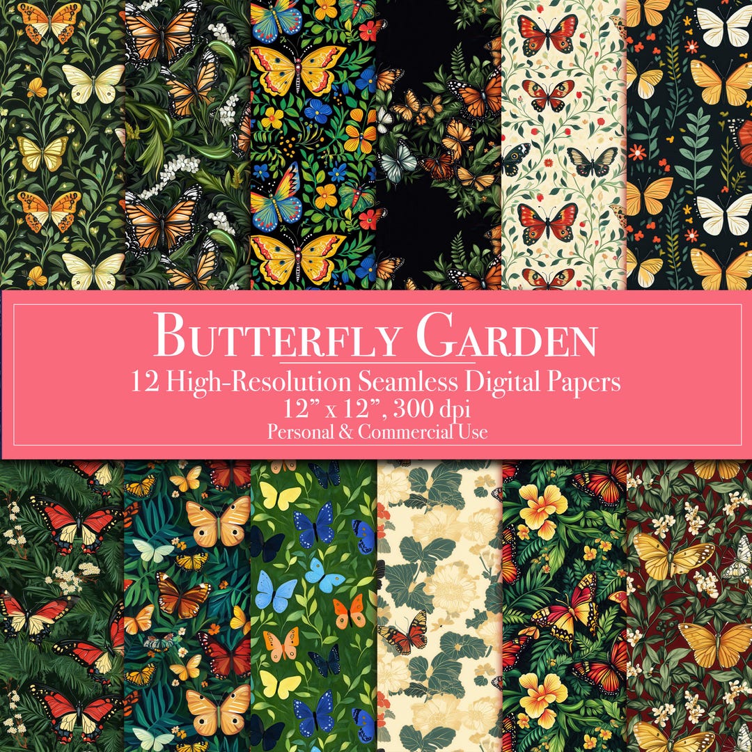 Butterfly Garden Digital Paper, Insect Seamless Digital Scrapbook Paper ...
