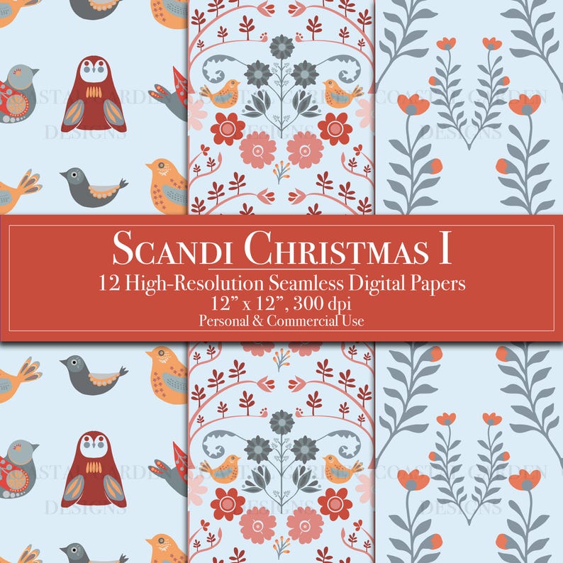 Scandi Folk Art Christmas Digital Paper, Seamless Digital Scrapbook ...