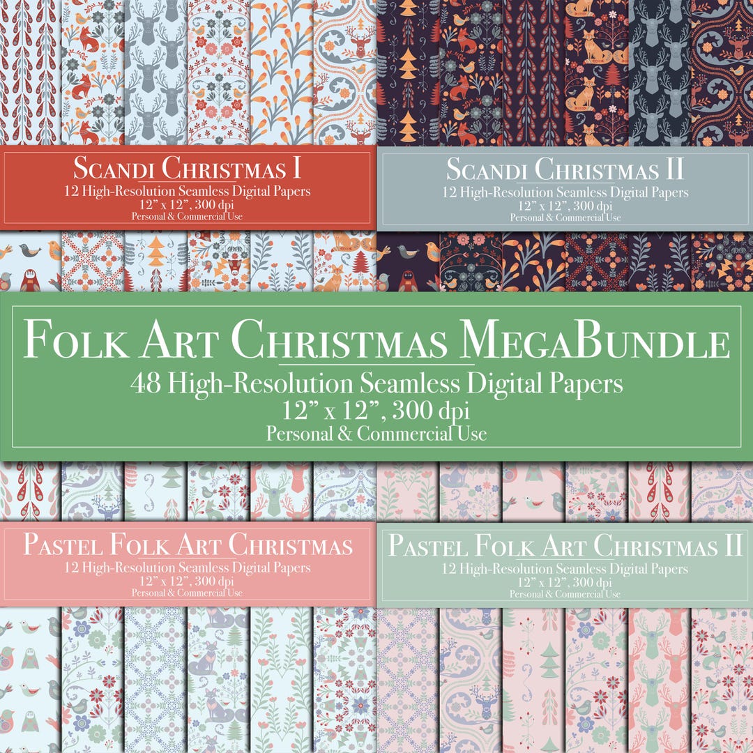 Folk Art Christmas Digital Paper Megabundle, Seamless Digital Scrapbook ...