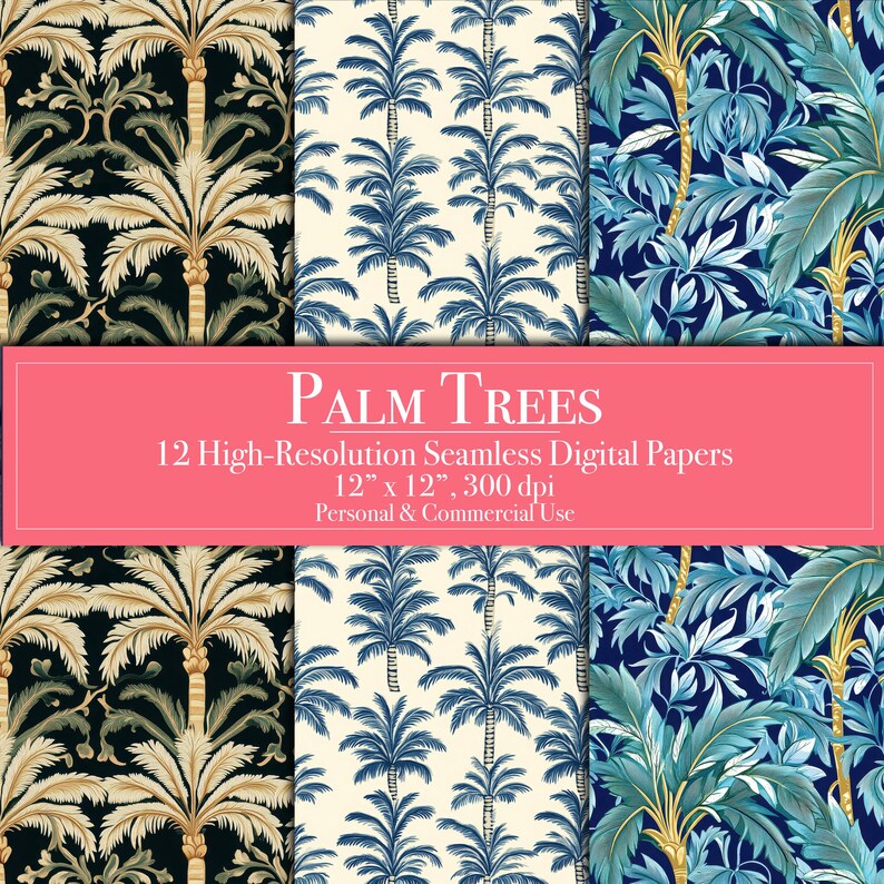 Palm Trees Digital Papers, Seamless Digital Scrapbook Patterns Planner ...