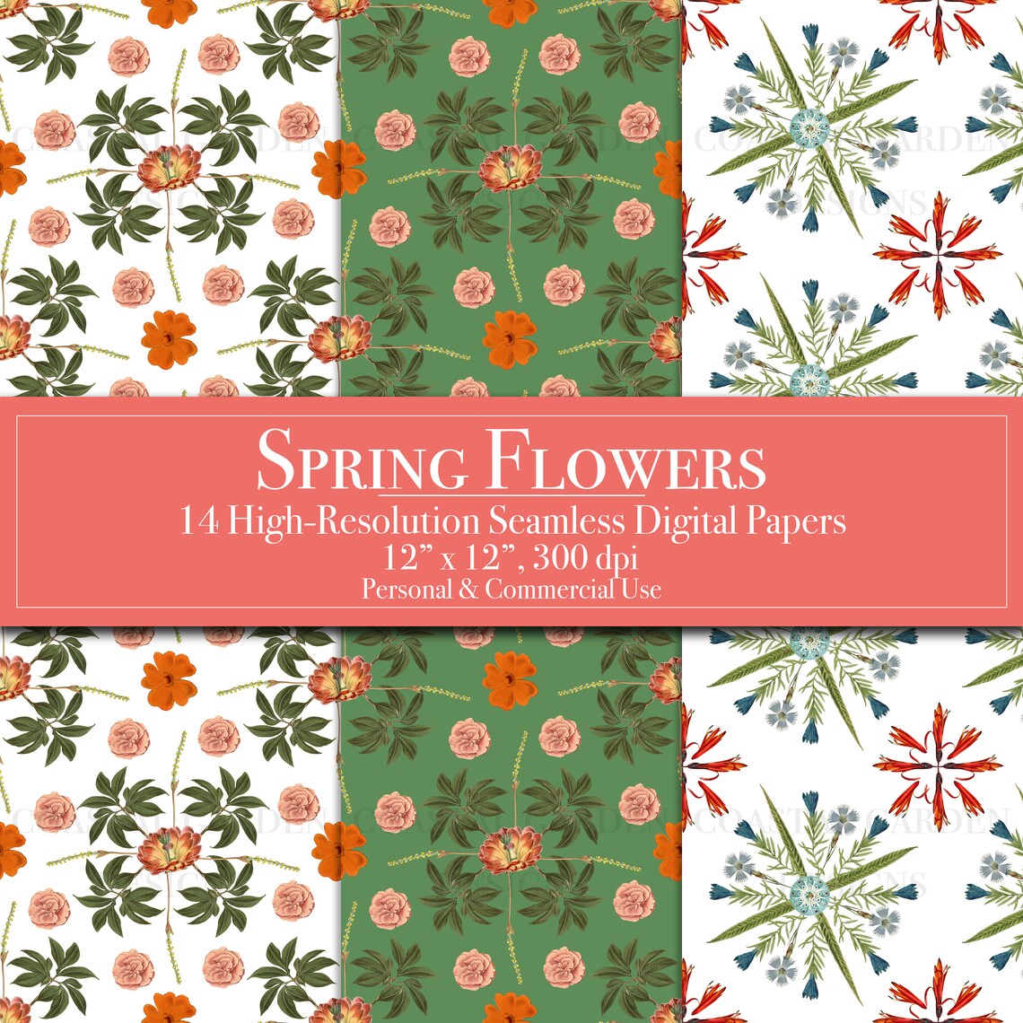 Spring Flowers Digital Paper Bundle, Seamless Patterns Scrapbook Paper ...