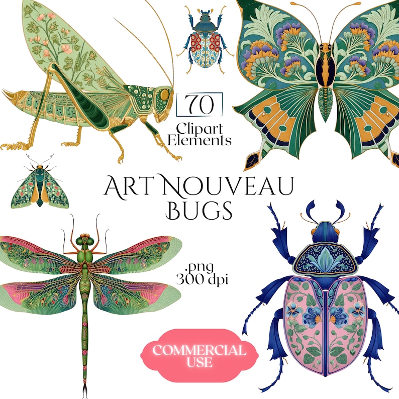 Art Nouveau Bugs Clipart, Ornamental Insect PNG, Vintage Botanical ...