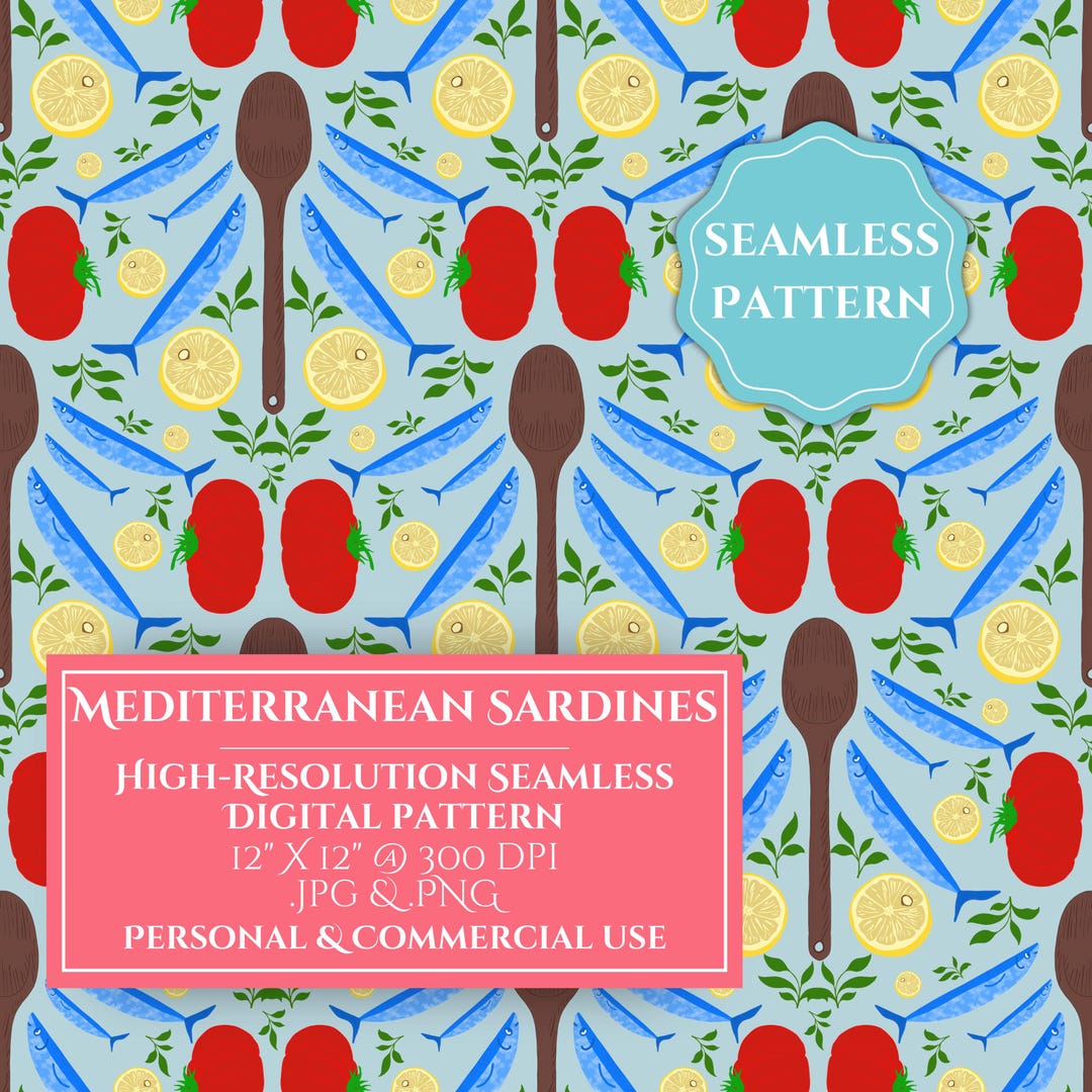 Mediterranean Sardines Seamless Digital Pattern, Coastal Kitchen Fish ...