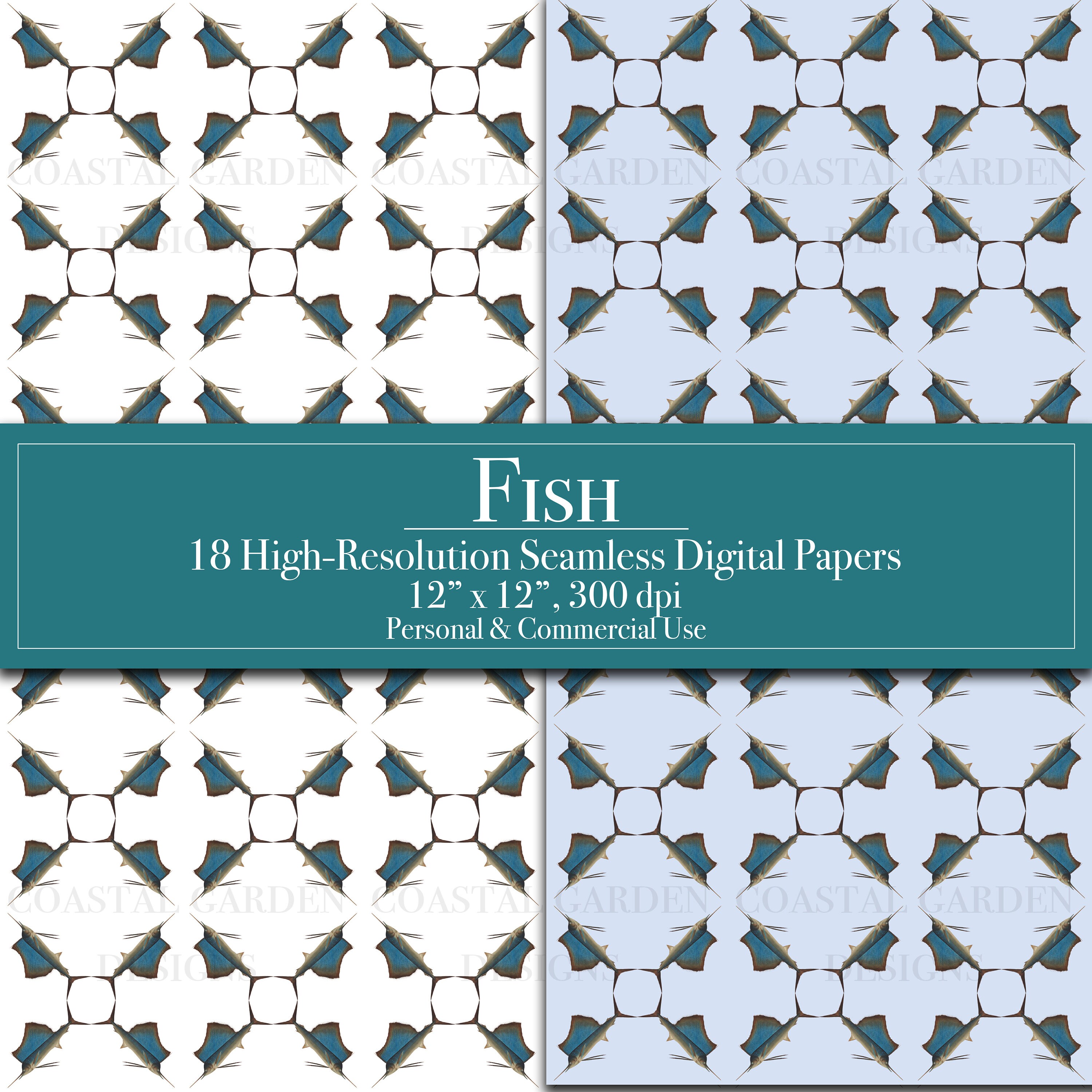 Fish Digital Papers, Ocean Seamless Pattern, Fishing Scrapbook Paper ...