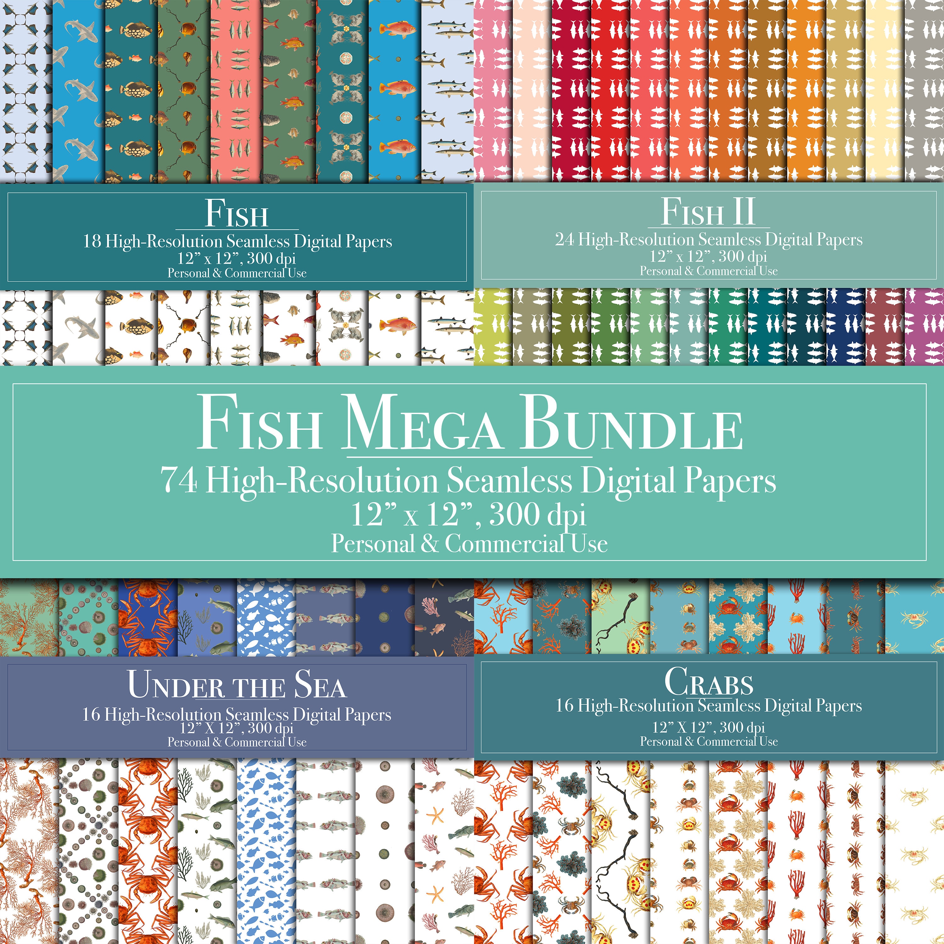 Fish Digital Paper Megabundle Seamless Pattern Scrapbook Paper ...