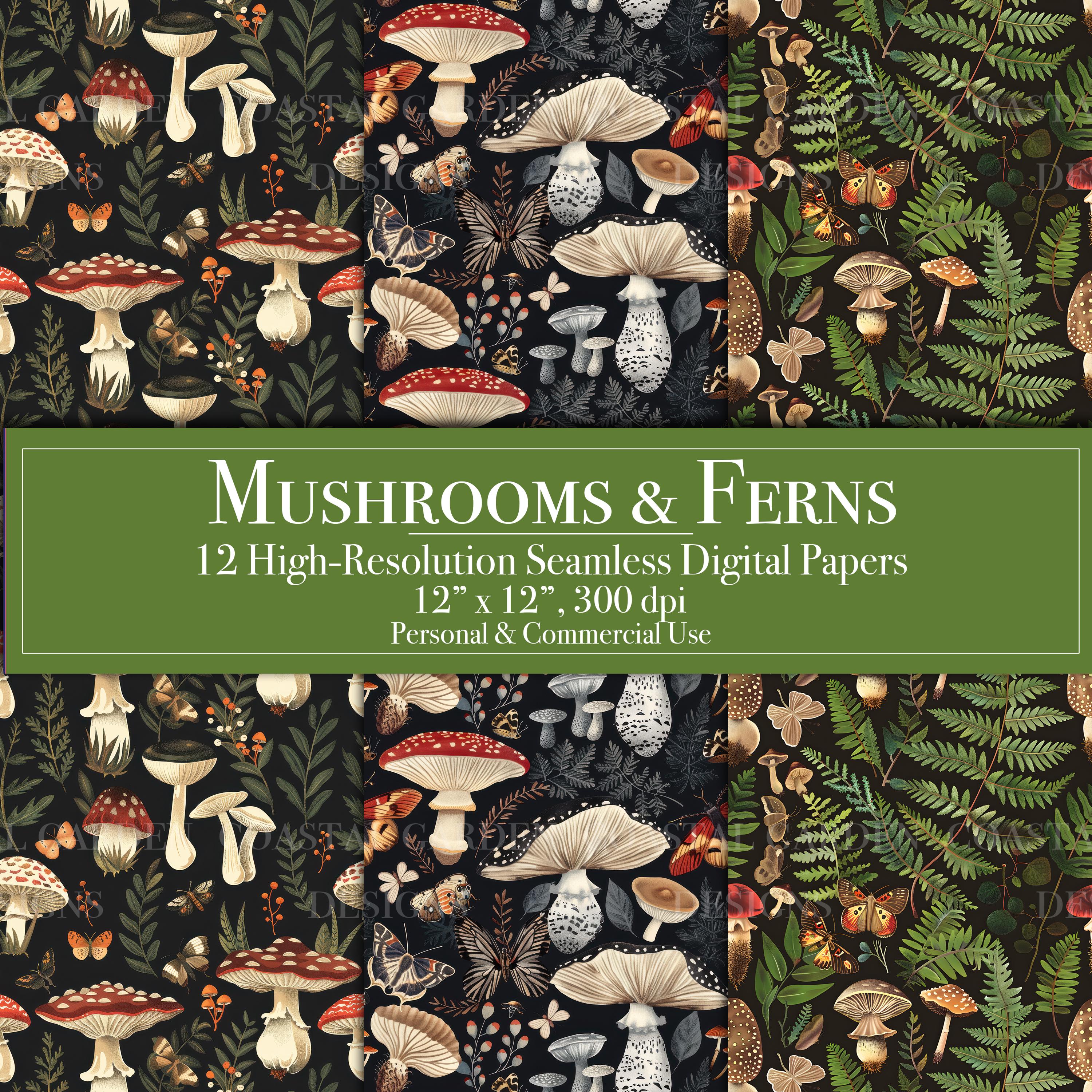 Mushroom Fern Digital Paper, Fungi Seamless Pattern, Cute Scrapbook ...