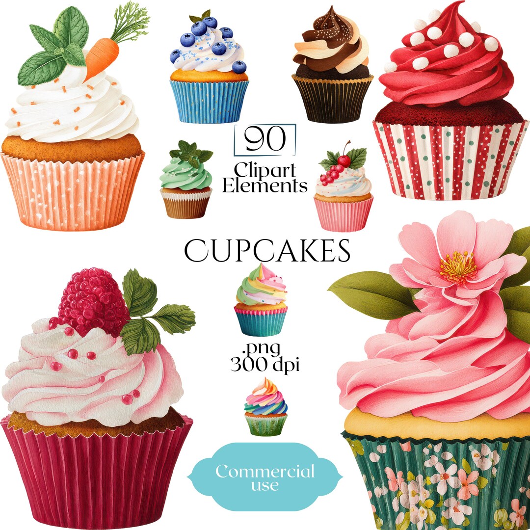 Cupcakes Clipart, Watercolor Dessert Illustrations, Sweet Bakery ...
