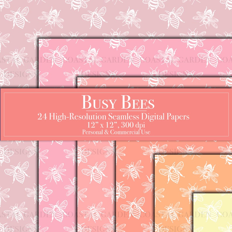 Pastel Busy Bees Digital Paper Bundle, Seamless Pattern Set, Scrapbook ...