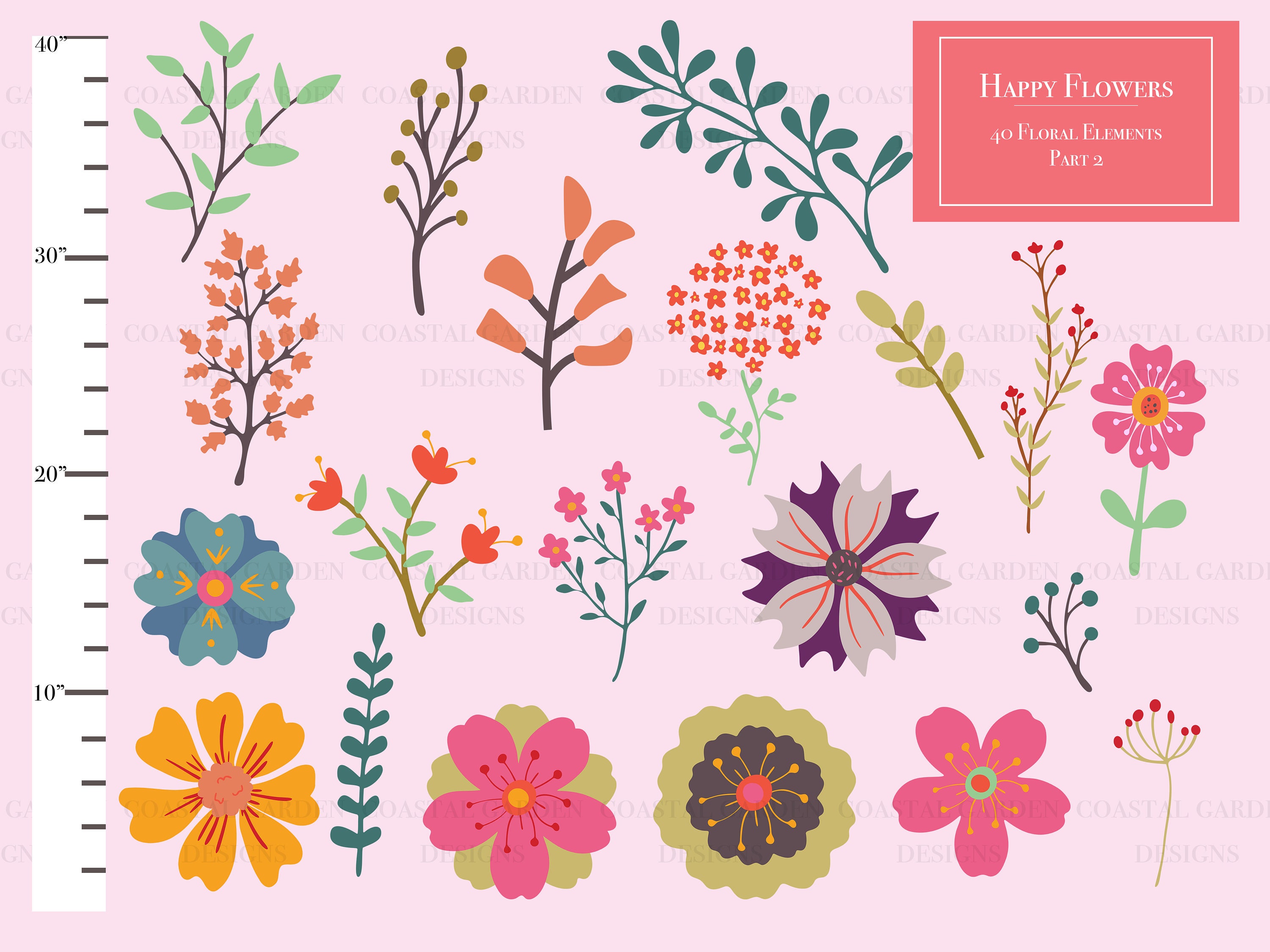 Flowers Clipart Set, Happy Floral Clip Art Collection, Cute Sticker ...