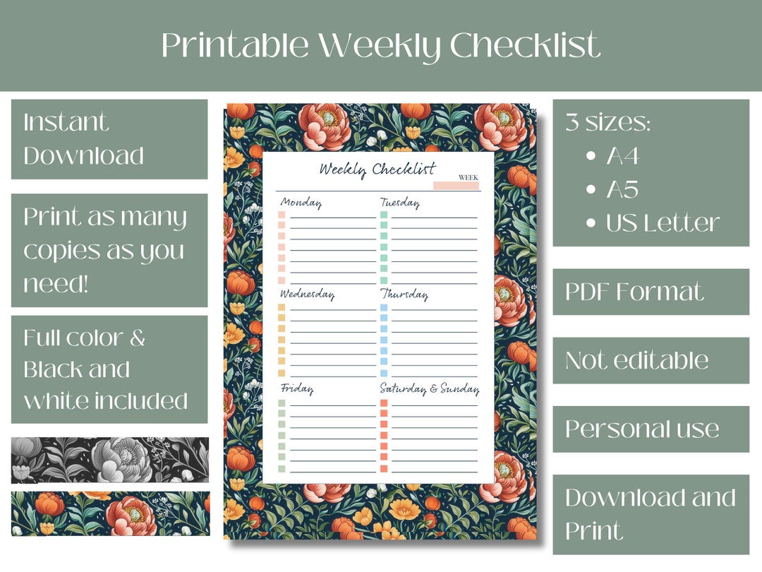 Weekly Checklist Template, Printable Peony Theme, Blank List, Flower ...