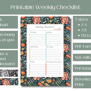 Weekly Checklist Template, Printable Peony Theme, Blank List, Flower ...