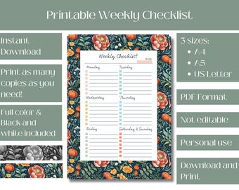 Printable Weekly Checklist Template, Peony Theme, Blank List, Flower ...