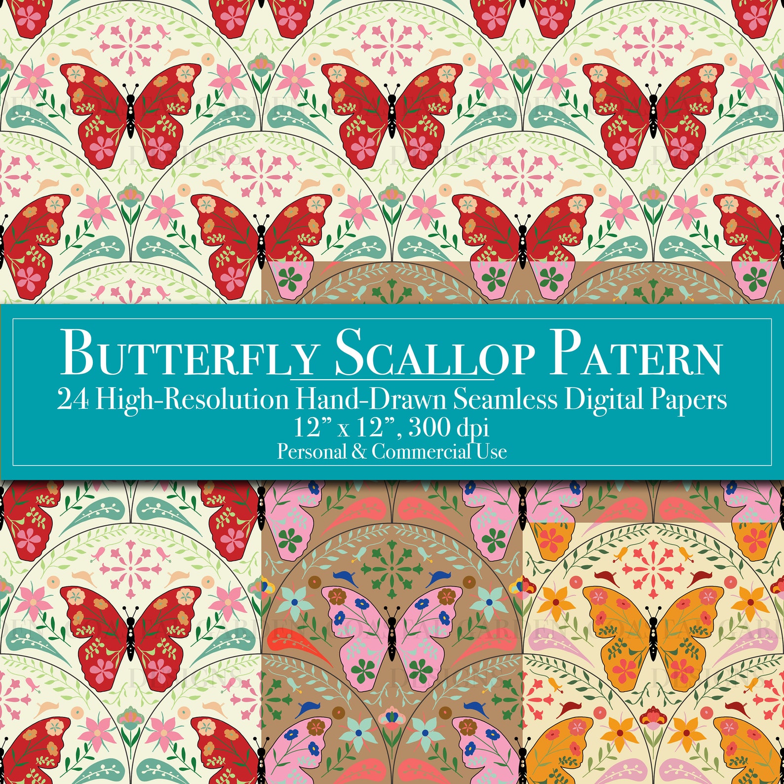 Butterfly Scallop Digital Paper Bundle, Seamless Patterns Scrapbook ...