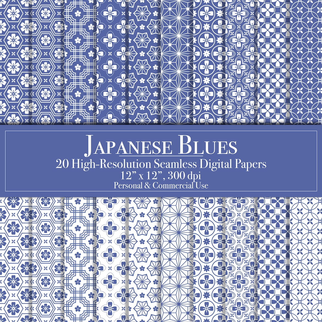 Japanese Patterns Blue Digital Paper, Seamless Scrapbook Paper ...