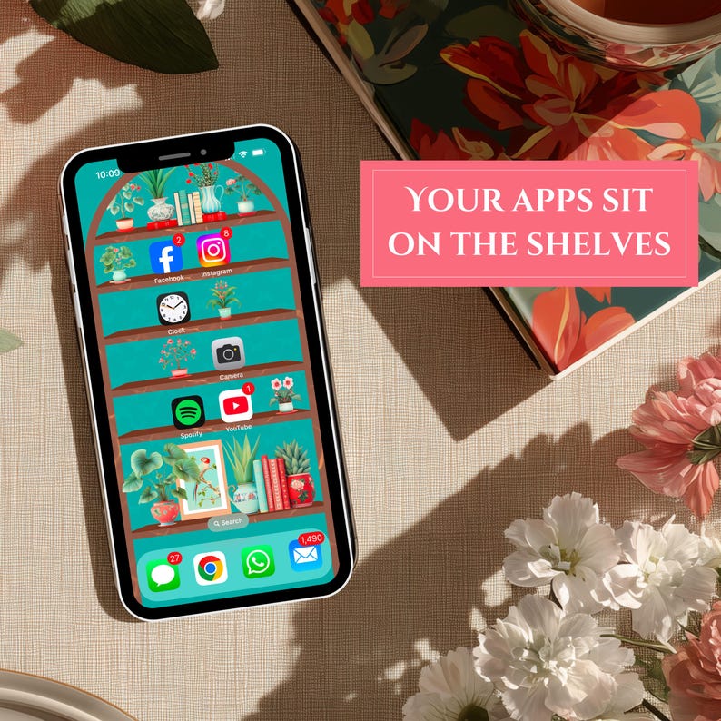 Dreamy Bookshelf Wallpaper for Iphone, Whimsical Shelf Phone Homescreen ...