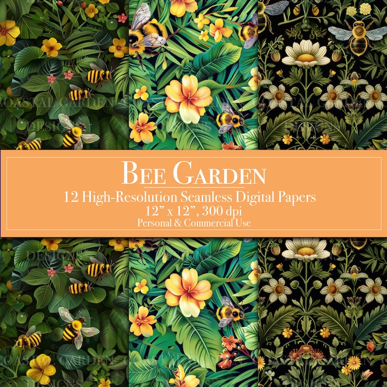 Bee Garden Digital Papers, Seamless Pattern Scrapbook Paper, Commercial ...