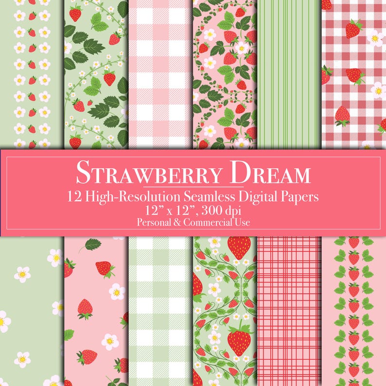 Strawberry Digital Paper Cute Strawberries Seamless Digital Scrapbook ...