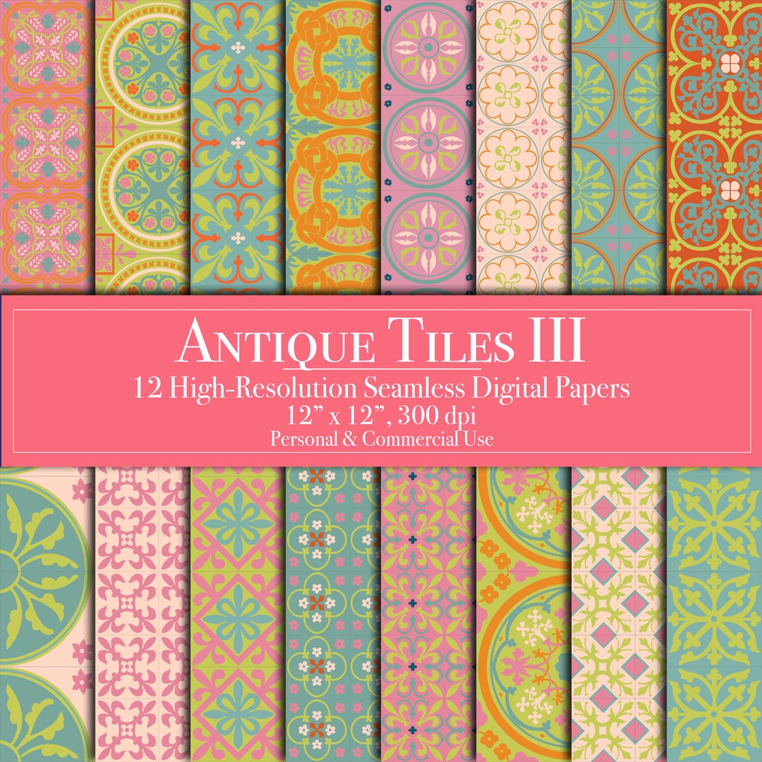 Vintage Tiles Digital Paper Bundle, Seamless Patterns, Scrapbook Paper ...