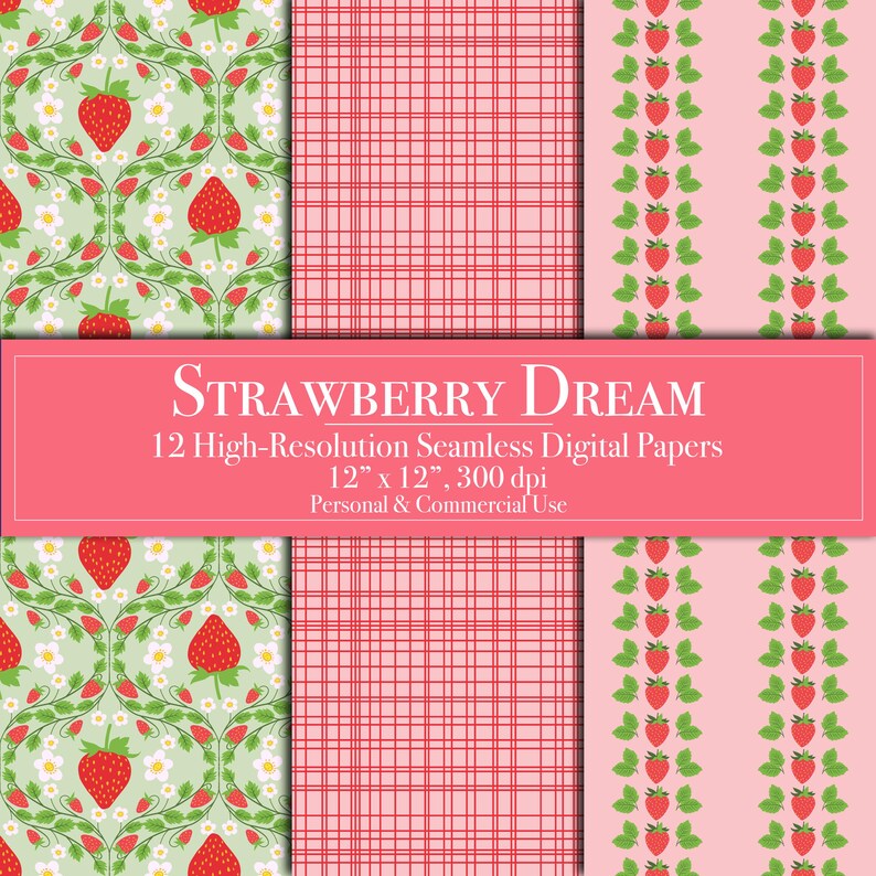 Strawberry Digital Paper Cute Strawberries Seamless Digital Scrapbook ...