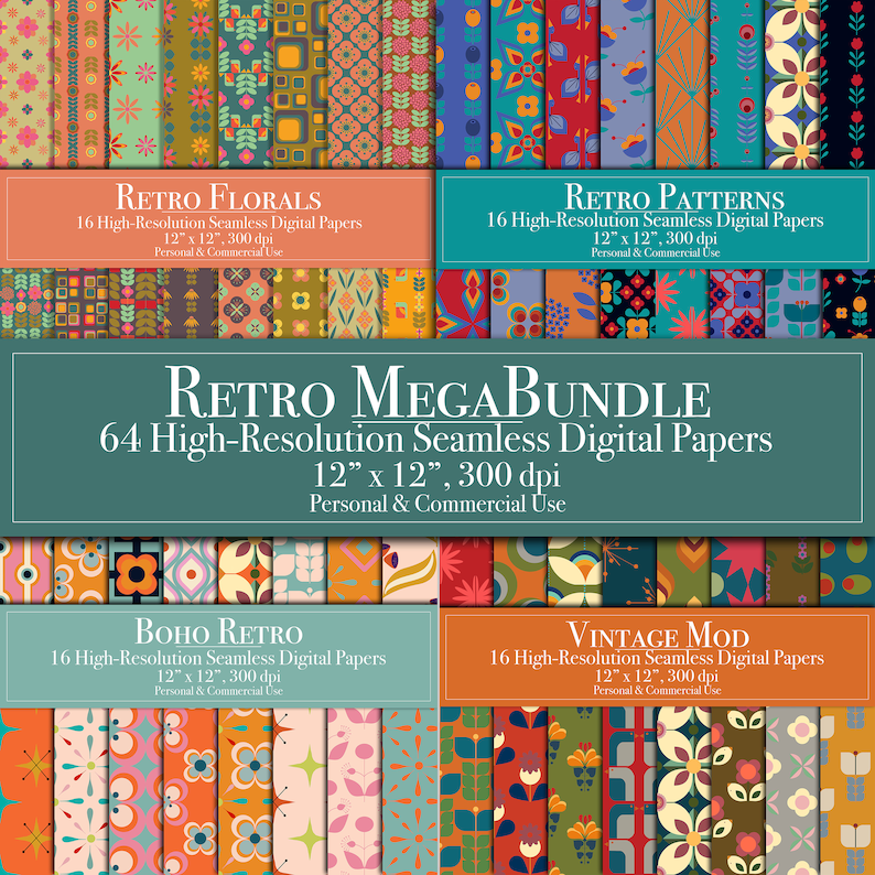 Retro Digital Paper Megabundle Seamless Pattern Scrapbook Paper ...