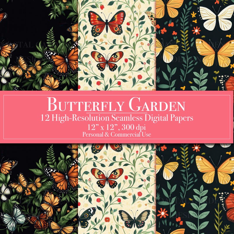 Butterfly Garden Digital Paper, Insect Seamless Digital Scrapbook Paper ...