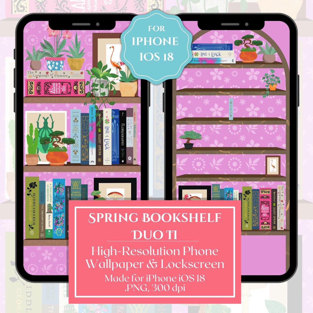 Spring II Bookshelf Wallpaper for iPhone Ios 18 - Large Icons Friendly ...