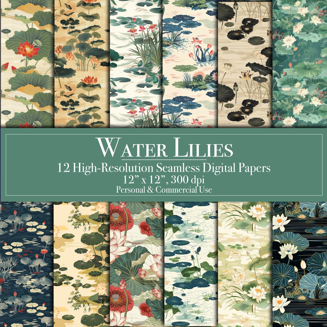 Water Lilies Digital Paper, Lotus Flowers Seamless Digital Scrapbook ...