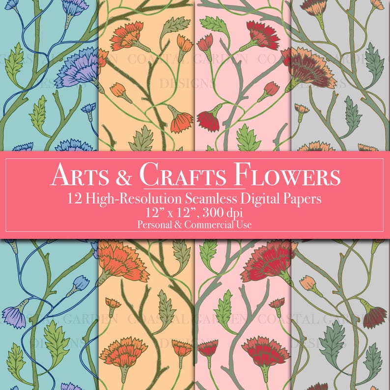 Arts & Crafts Digital Paper Bundle, Floral Seamless Patterns, Scrapbook ...