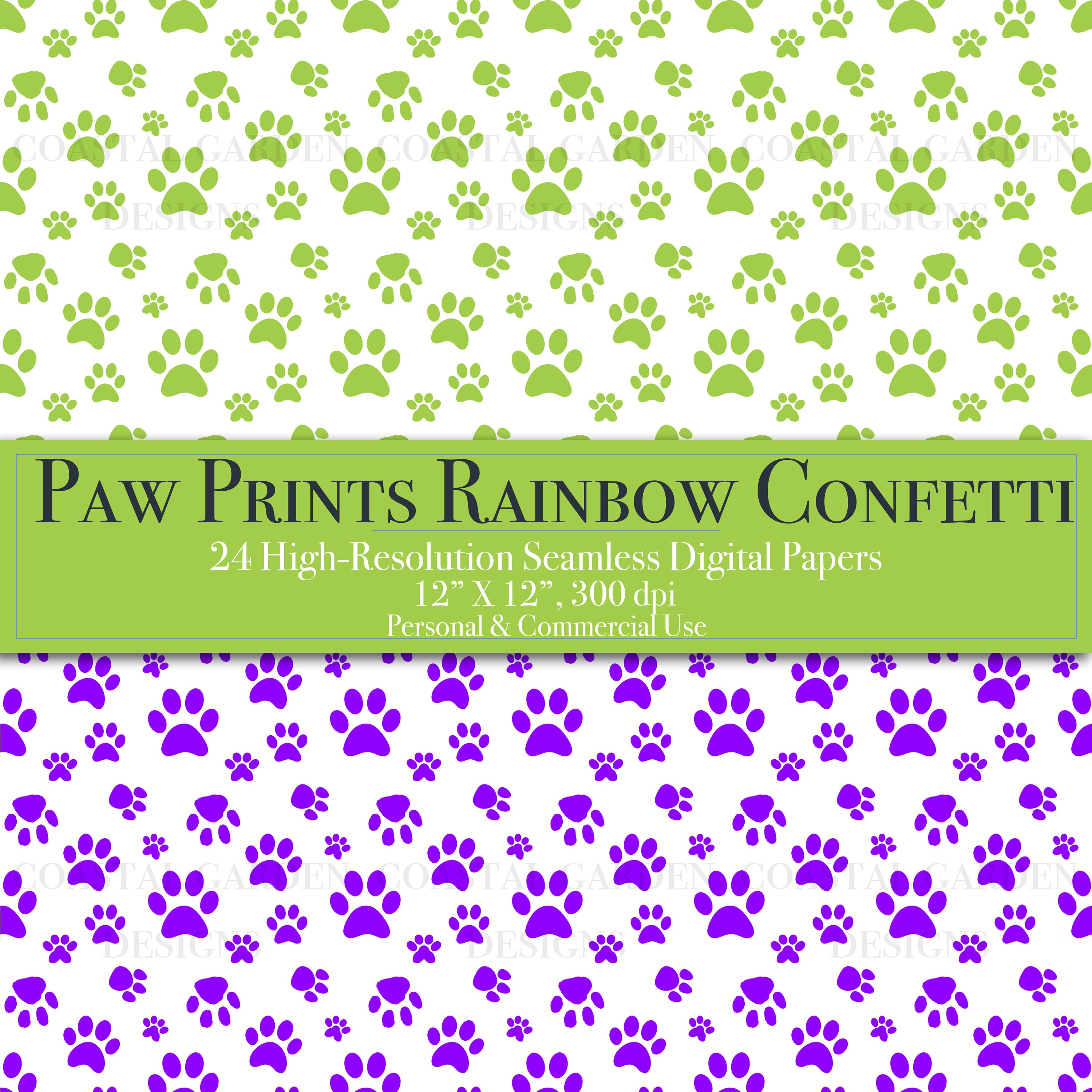 Paw Prints Rainbow Confetti Digital Paper Bundle, Seamless Pattern, Dog ...