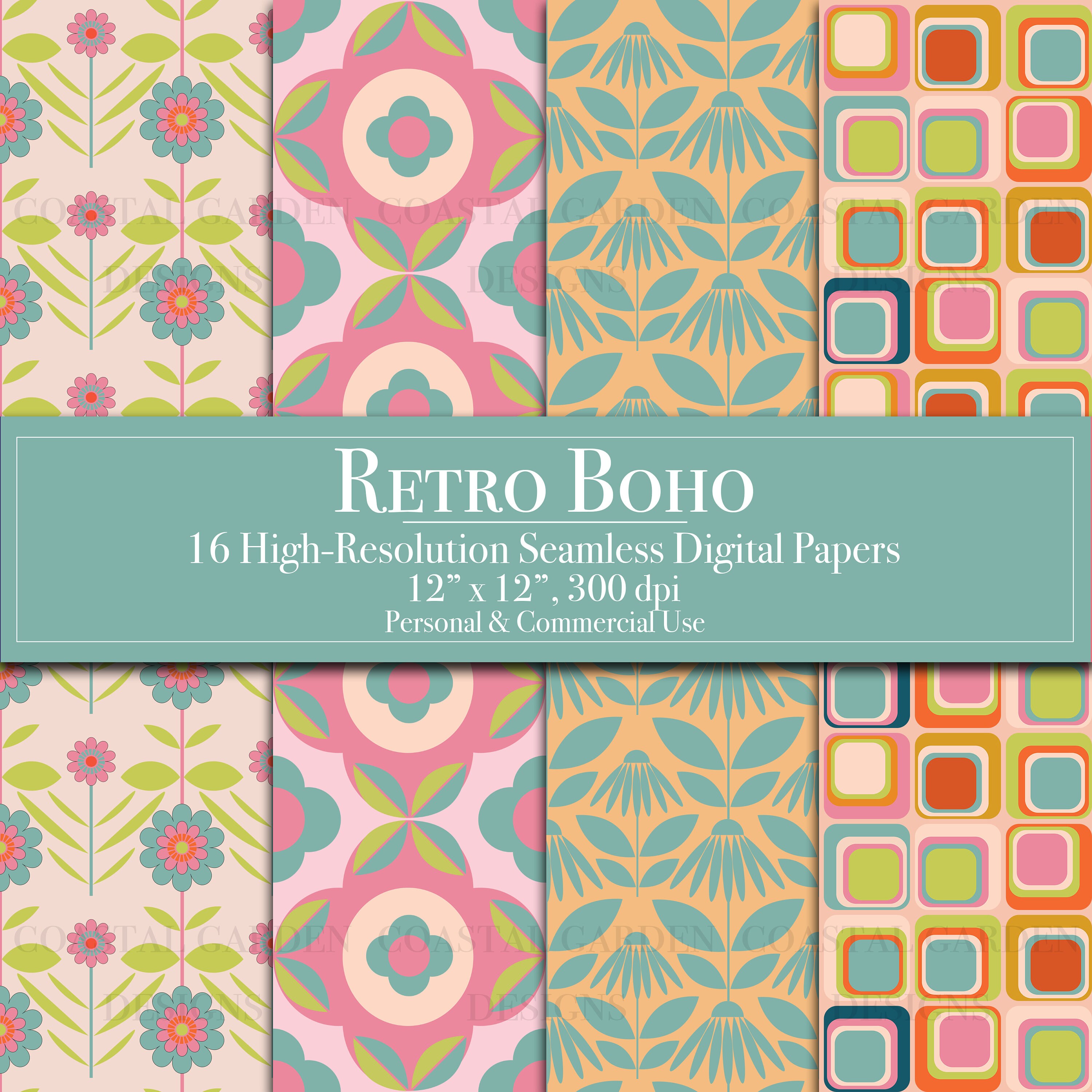 Retro Digital Papers, Boho Seamless Pattern Scrapbook Paper Commercial ...