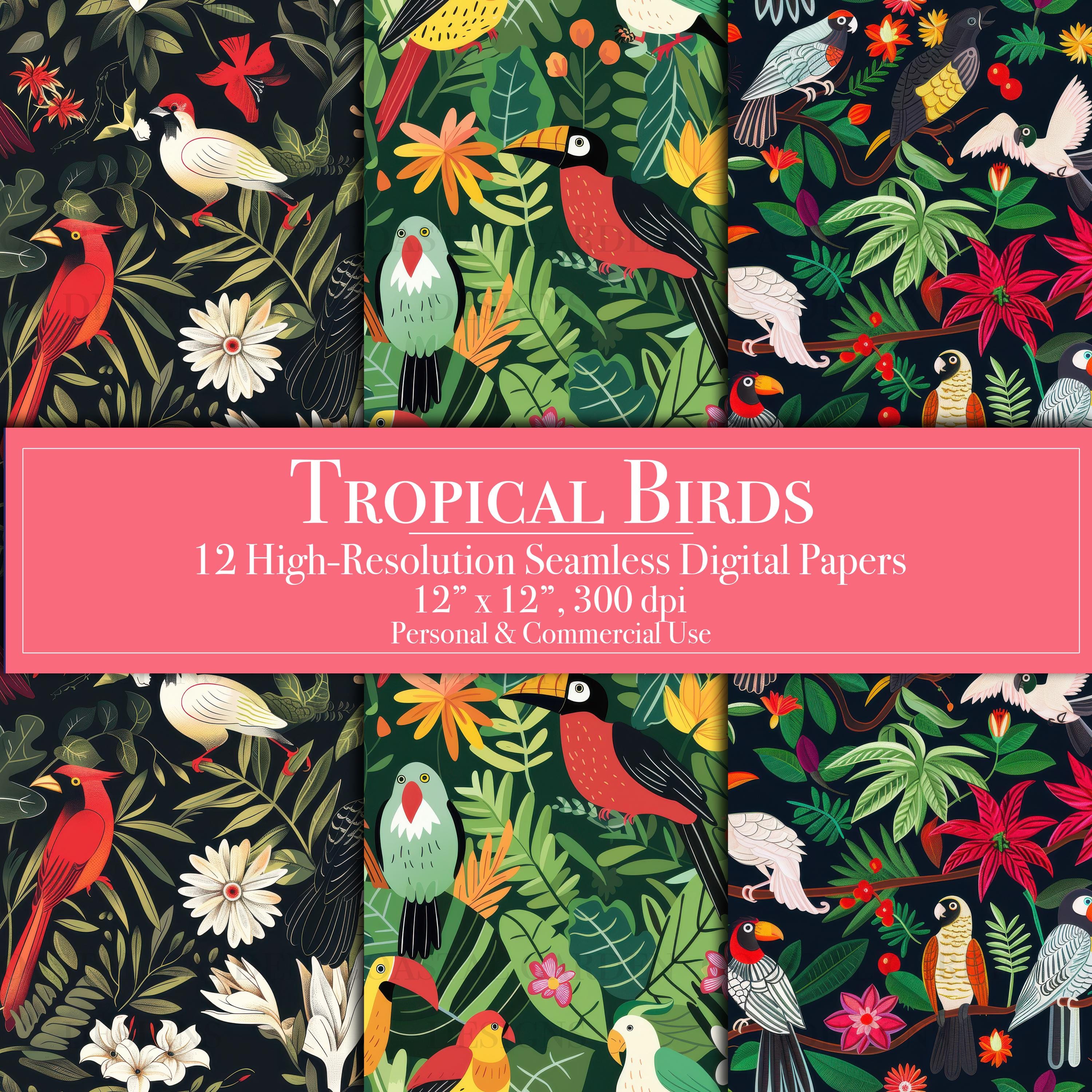 Tropical Birds Digital Papers, Seamless Digital Scrapbook Patterns ...