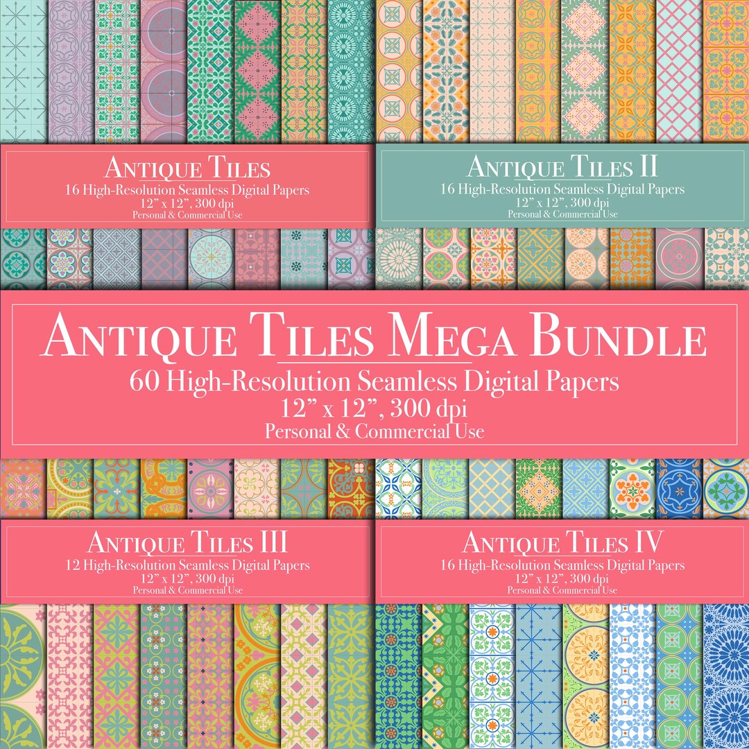Antique Tiles Digital Paper Mega Bundle, Seamless Pattern Tile Effect ...