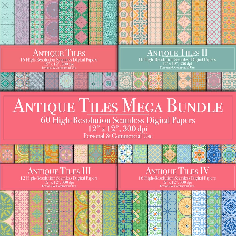 Antique Tiles Digital Paper Mega Bundle, Seamless Pattern Tile Effect Scrapbook Paper Commercial ...