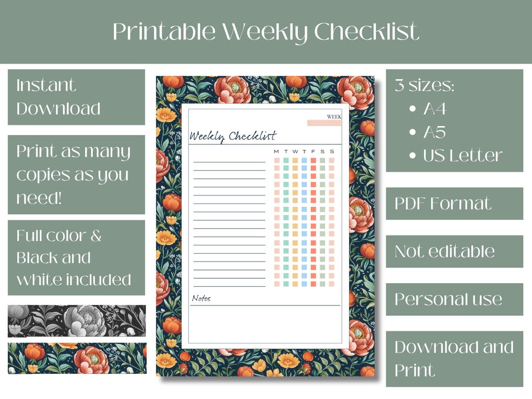 Printable Weekly Checklist Template, Peony Theme, Blank List, Flower ...