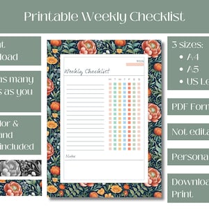 Printable Weekly Checklist Template, Peony Theme, Blank List, Flower ...