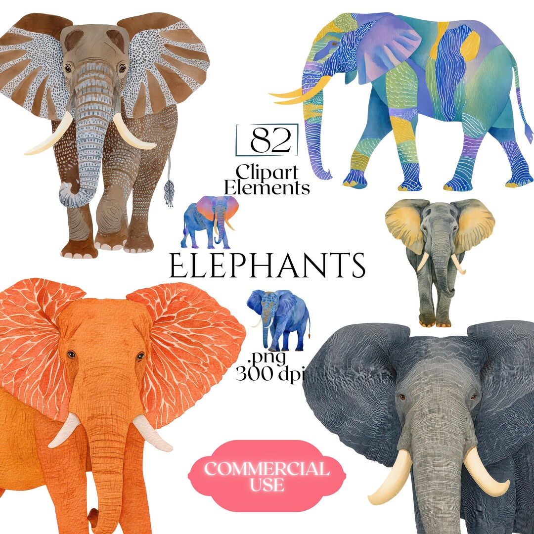 Elephants Clipart, Vibrant Elephant PNG Graphics, Watercolor Animal ...